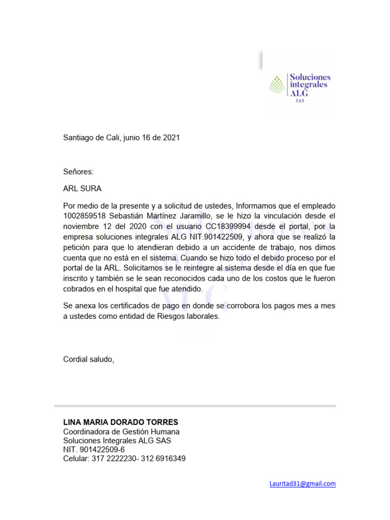 Carta A ARL de ALG Peticion | PDF | Finanzas y dinero