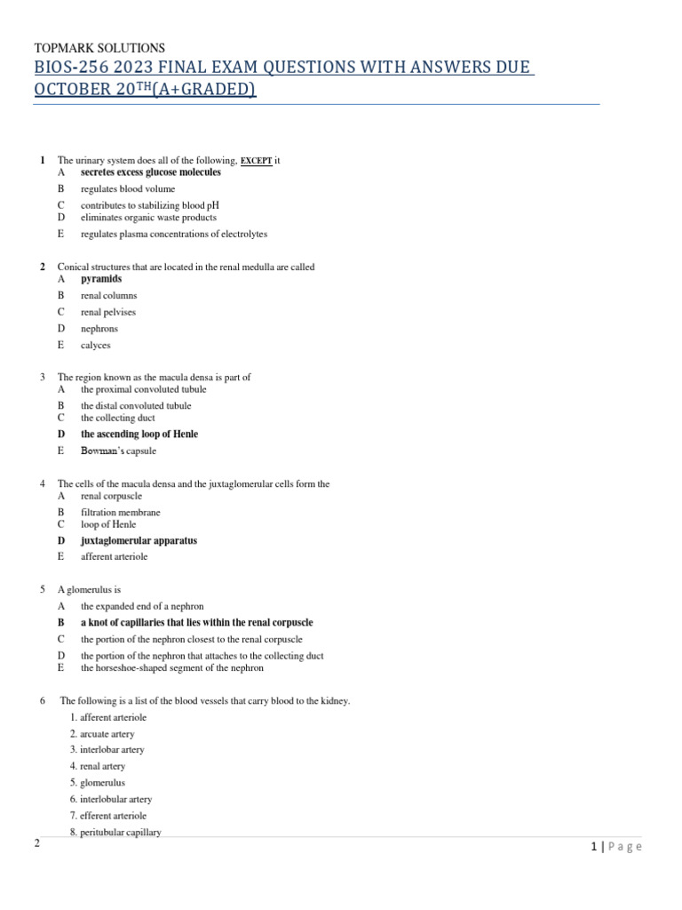 Bios-256 2023 Final Exam Questions With Answers Due October 20TH (A+graded) | PDF