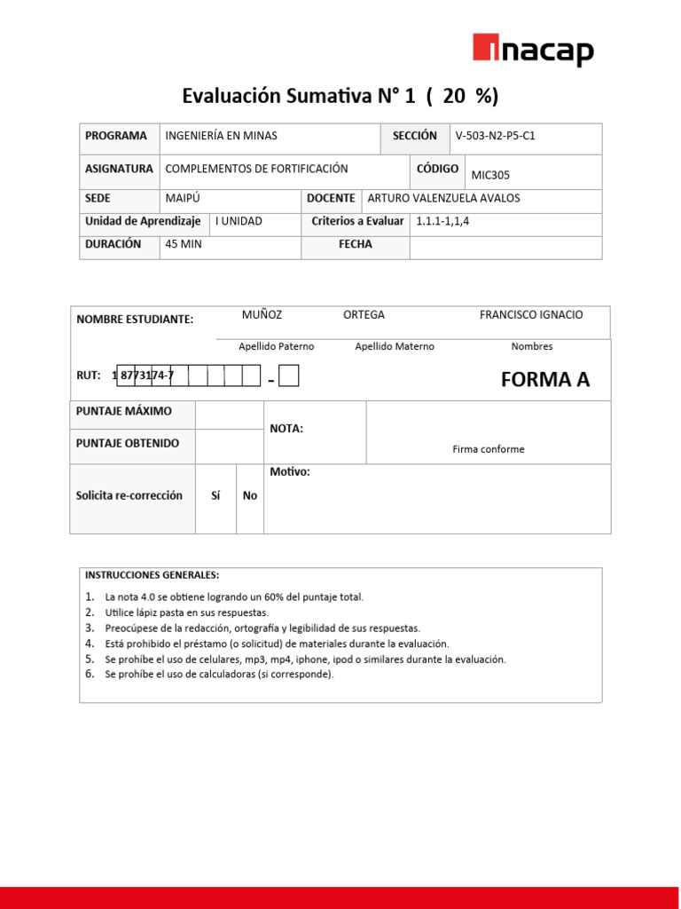 Prueba Realizada Complementos de Fortificación | PDF