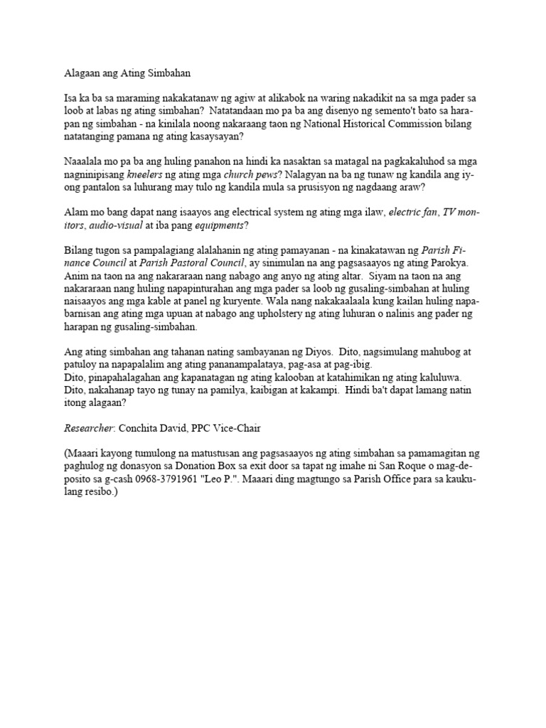 Alagaan Ang Ating Simbahan Draft 1 | PDF