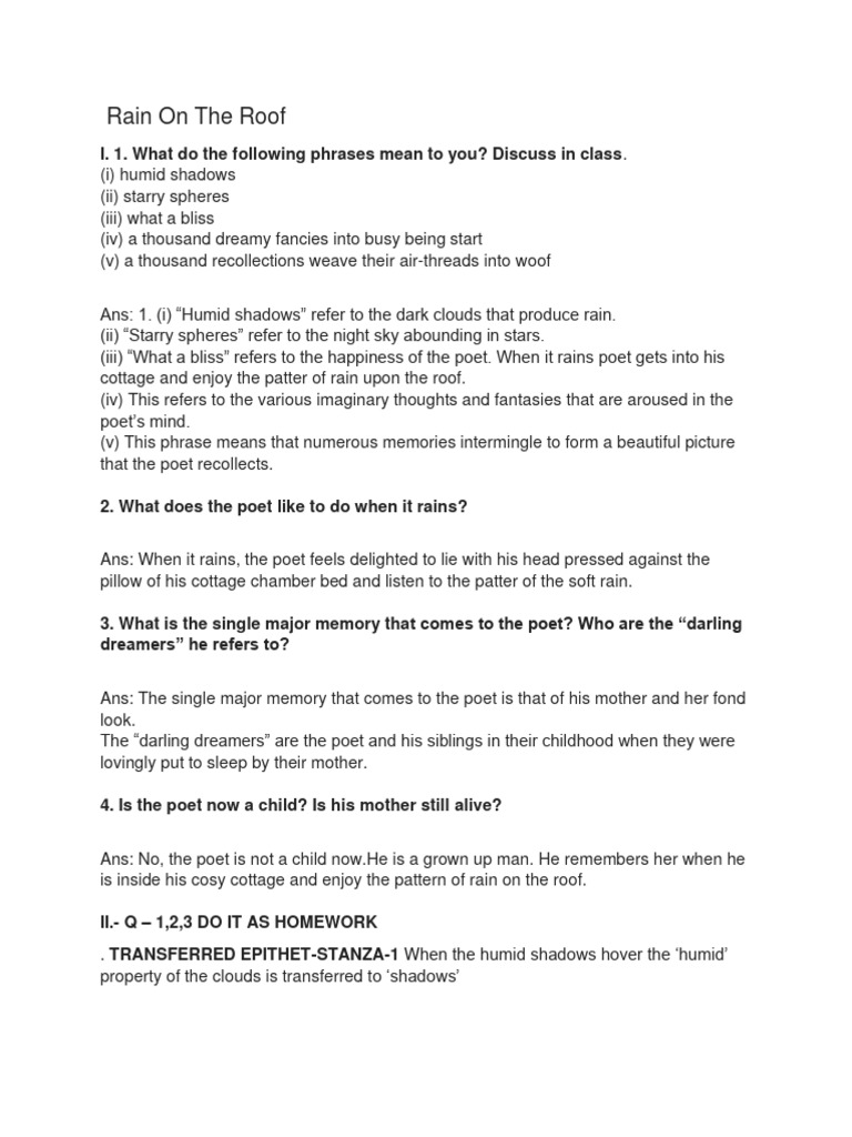 Understanding "Rain on the Roof" Poem | PDF | Poetry