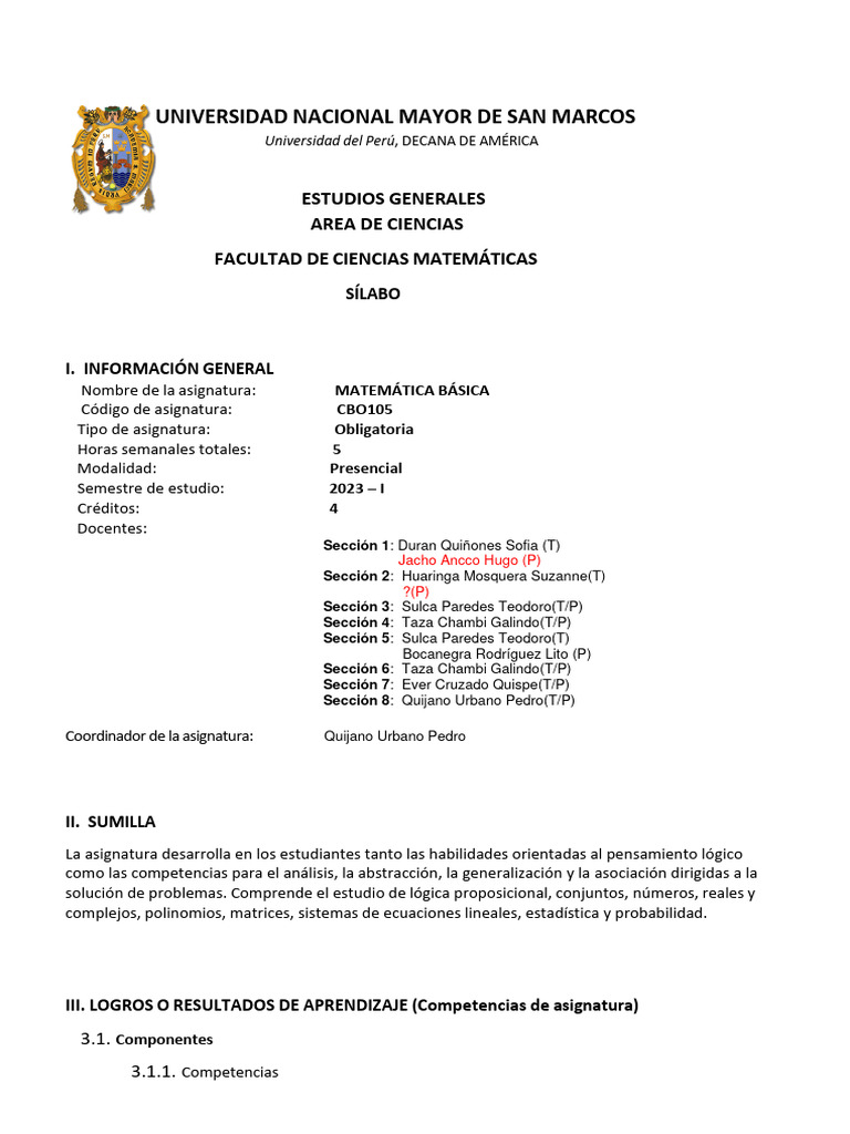 Silabo de Matematica Basica 2023-I (AFINADO) | PDF