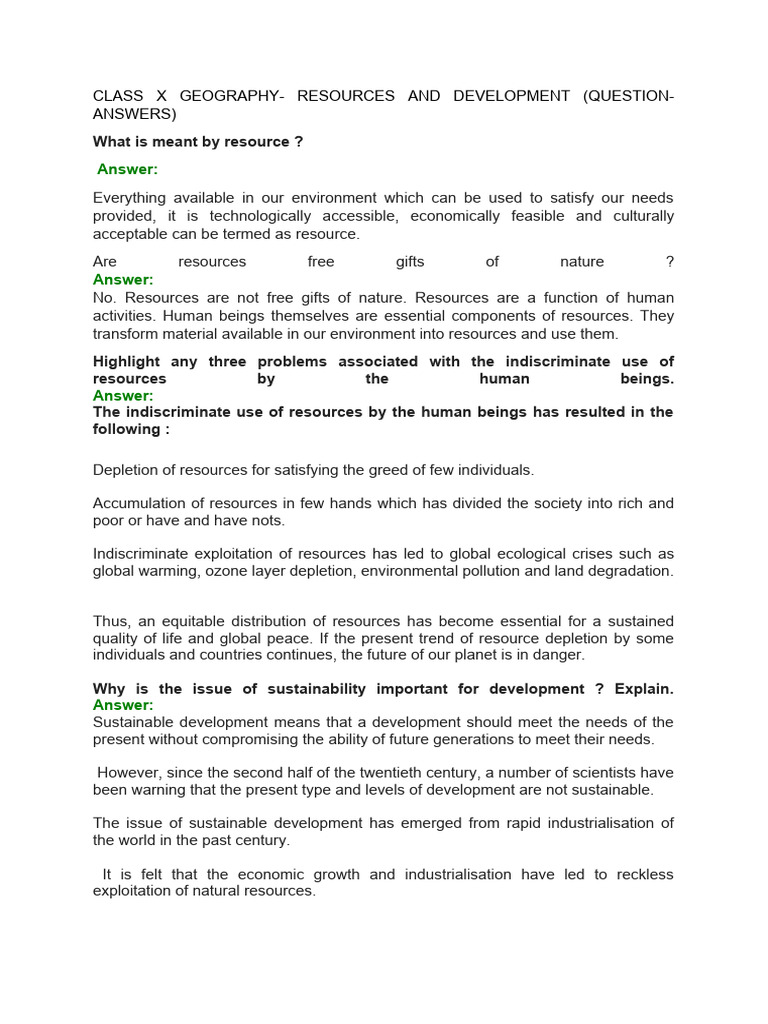 Notes Class X Geography Resources Question Answer | PDF