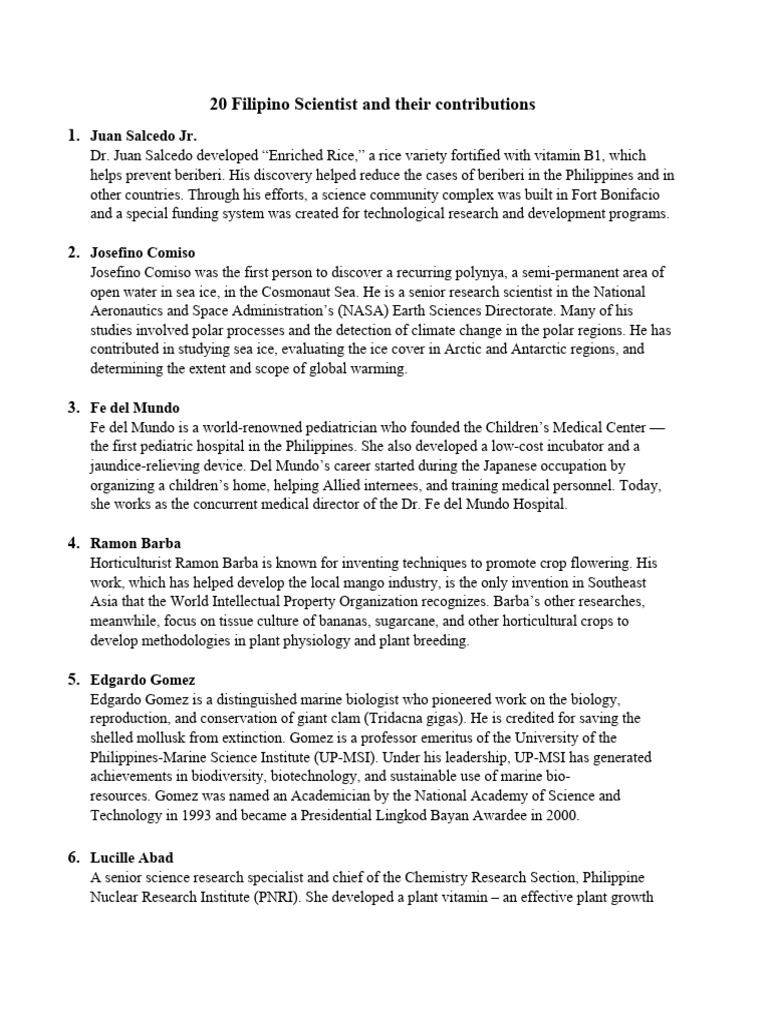 20 Filipino Scientist and Their Contributions | PDF | Science & Mathematics