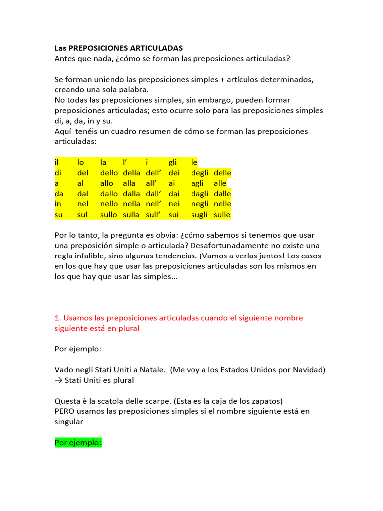 Le Preposizioni Articolate (Las Preposiciones Articuladas) | PDF | Italia | Morfología