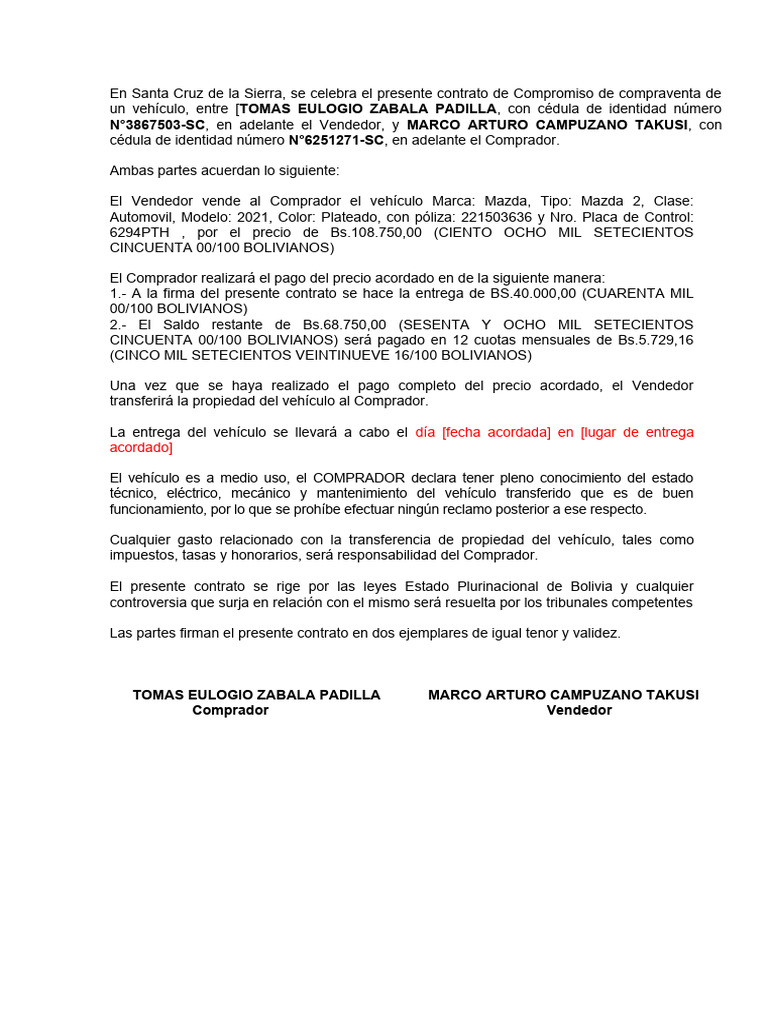Compromiso Compra Vehiculo | PDF