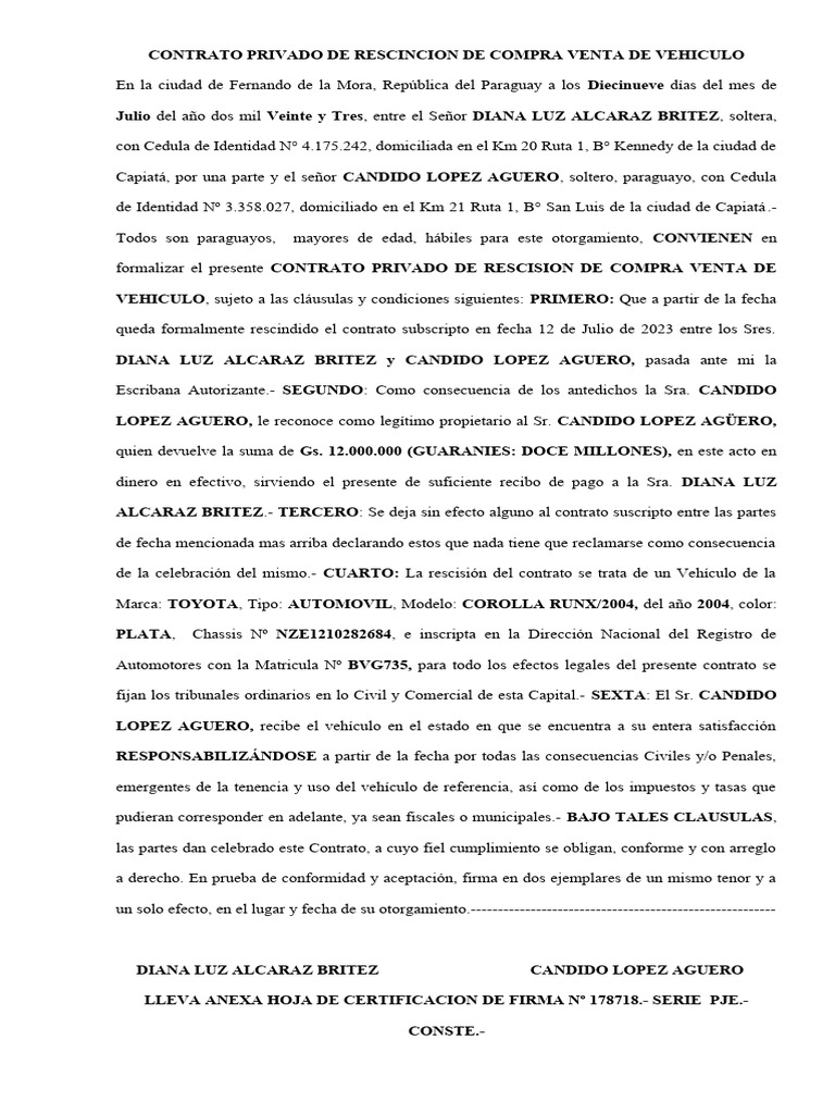 Rescisión de Contrato de Vehículo | PDF