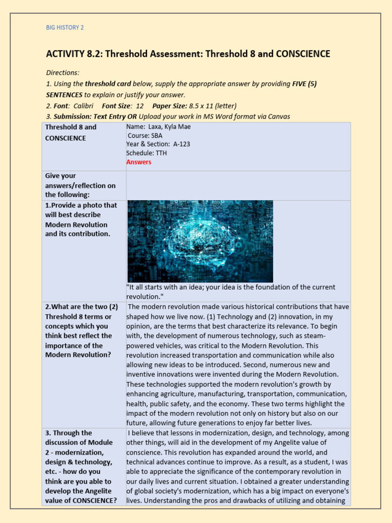 ACTIVITY 8.2 Threshold Assessment Threshold 8 and CONSCIENCE | PDF ...