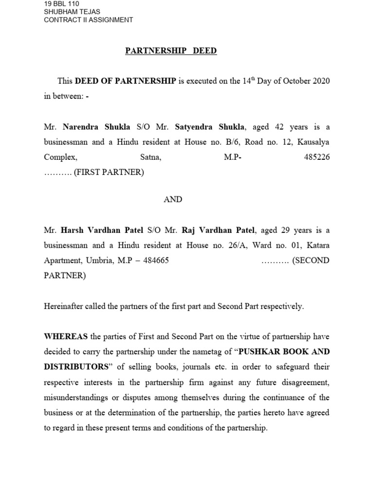 19BBL110 Partnership Deed | PDF | Partnership | Interest