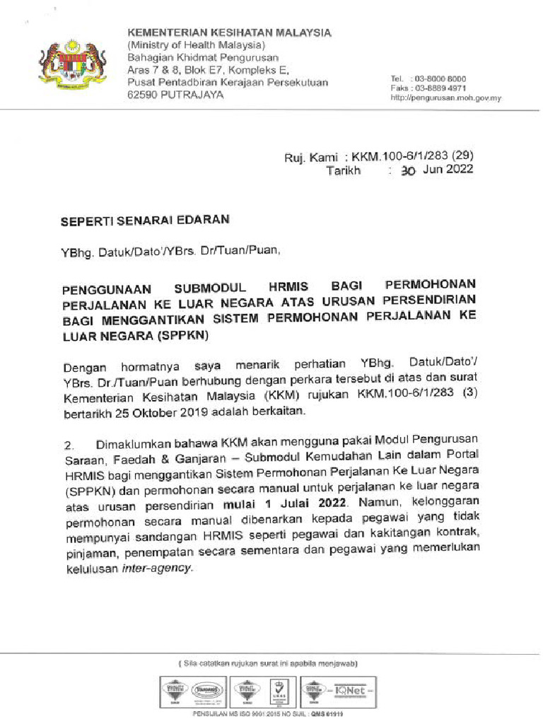 SURAT EDARAN KKM PERMOHONAN PERJALANAN KE LUAR NEGARA ATAS URUSAN ...