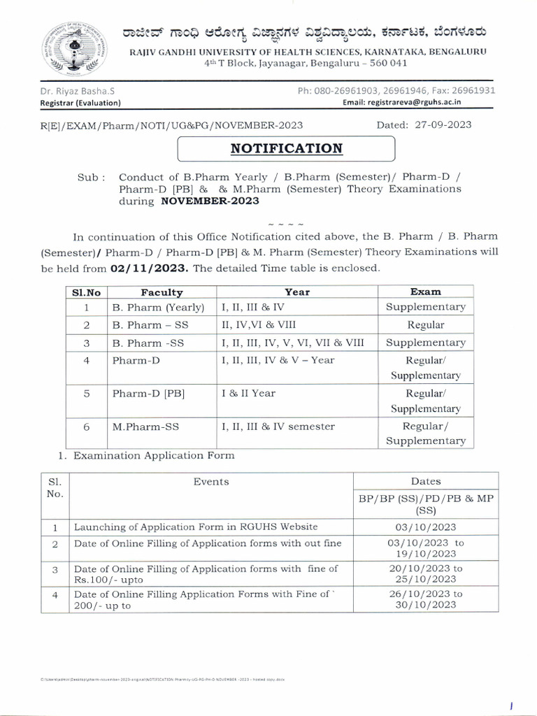 Fee Notification and Time Table For B.pharm B.pharm Yearlysemester ...