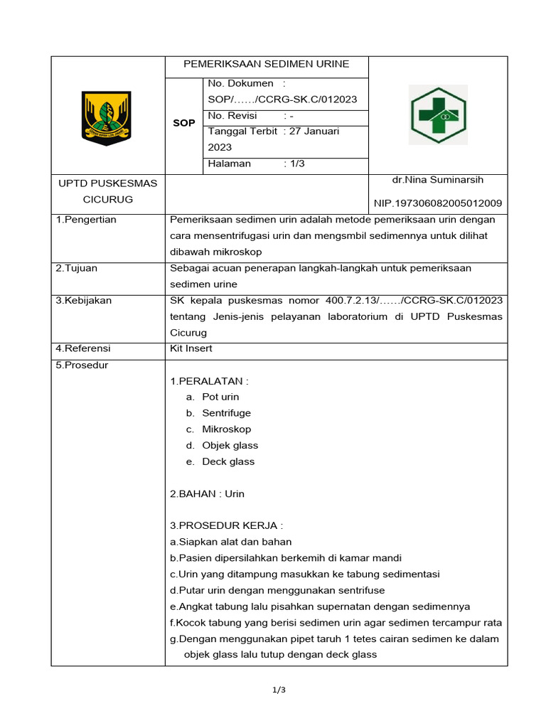 SOP Pemeriksaan Sedimen Urin | PDF