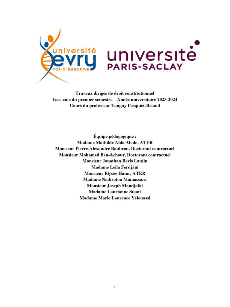 Fascicule TD Droit Constitutionnel - 2023-2024 Division A Et B | PDF | Constitution | Droits ...