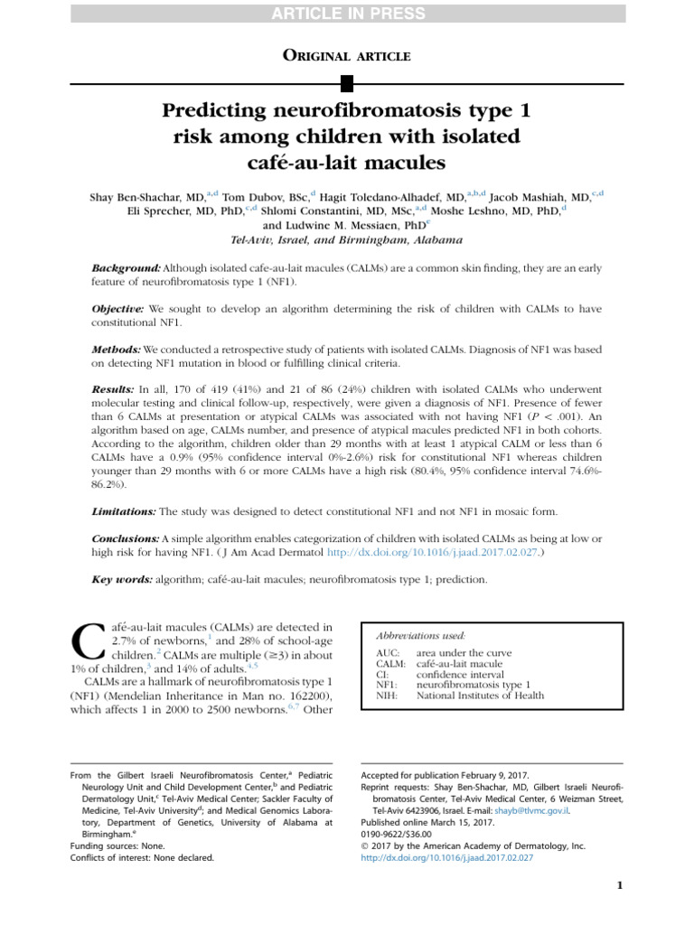 Predicting Neurofibromatosis Type 1 Risk Among Children With Isolated ...