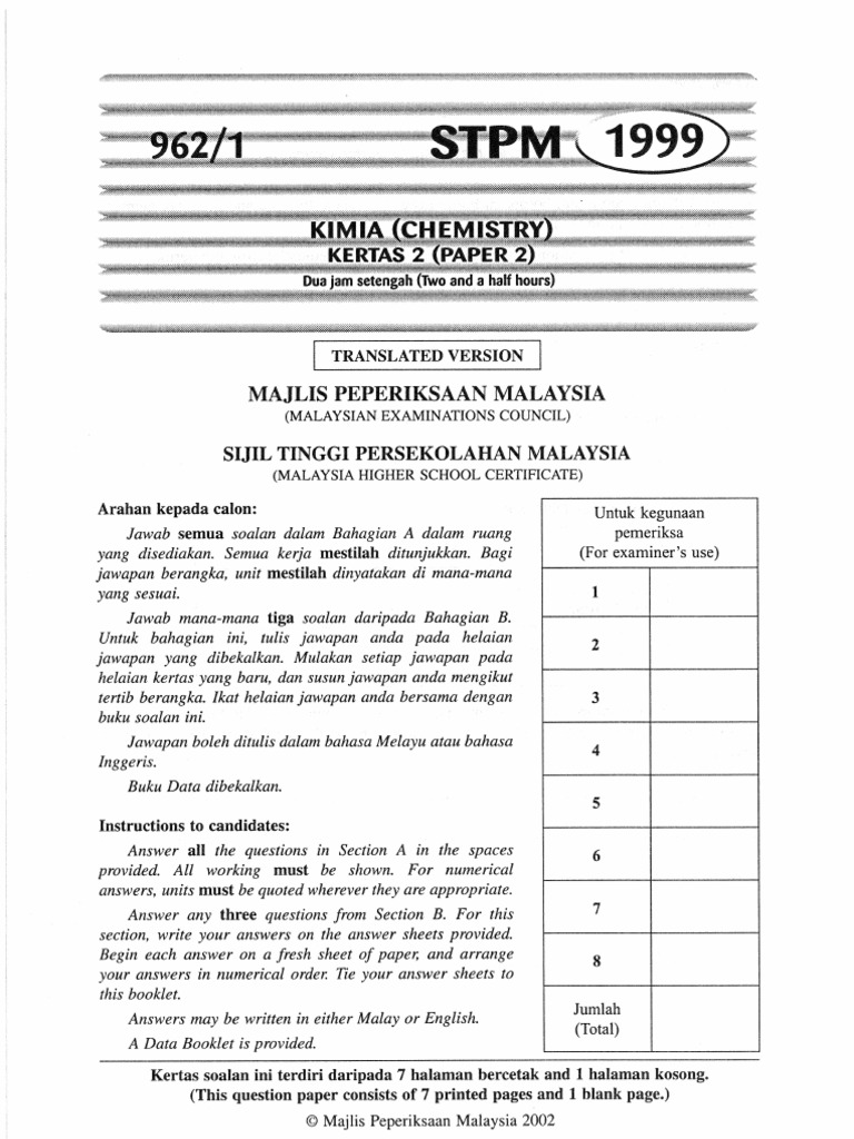 STPM Chemistry 1999 - Paper 2 | PDF