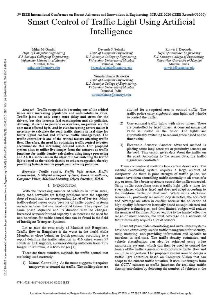 Smart Control of Trafficlight Using Artificial Intellegence-gandhi2020 ...
