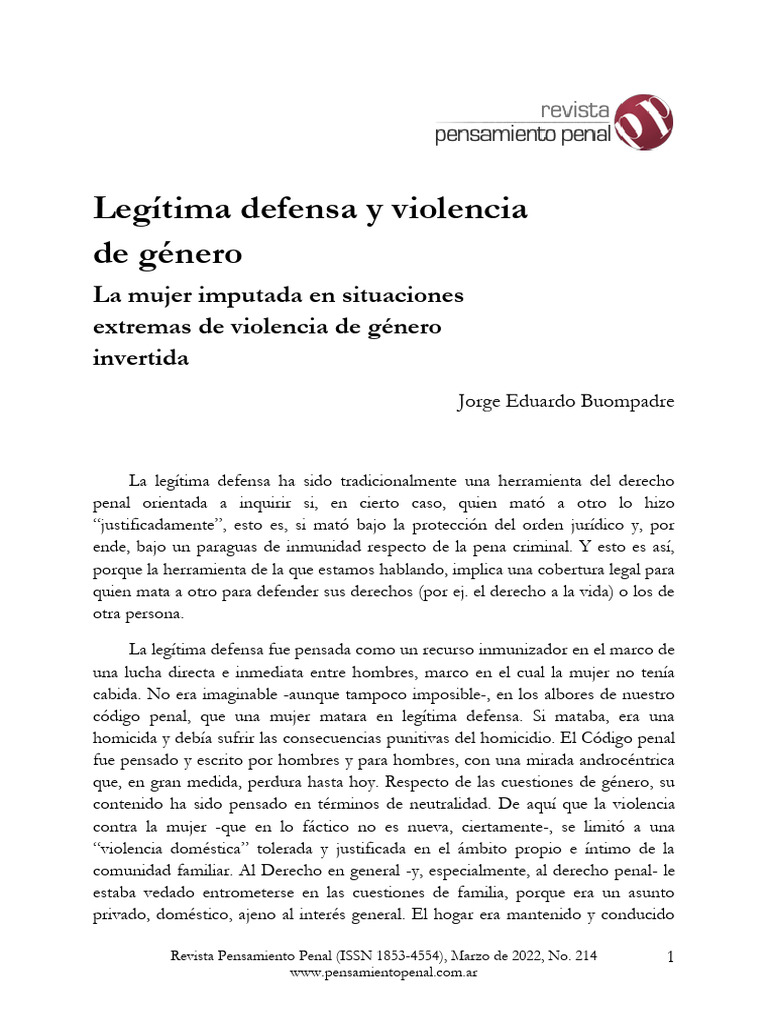 Legitima Defensa y Violencia de Genero - Buompadre | PDF Legitima Defensa y Violencia de Genero - Buompadre | PDF