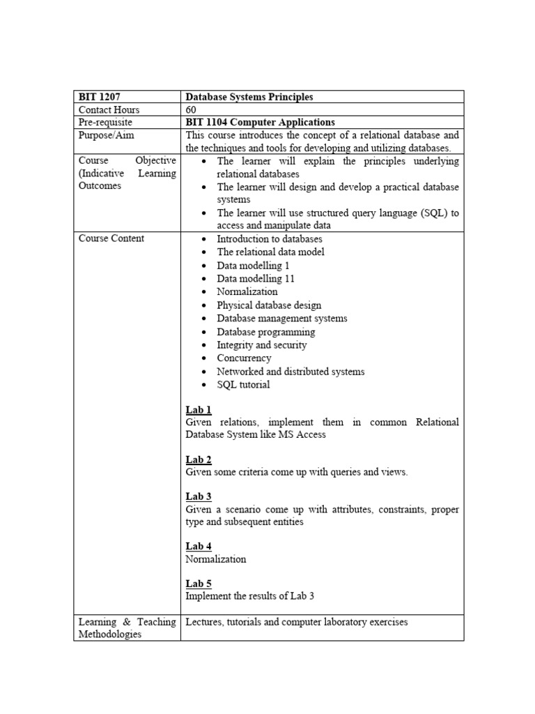 BIT 1207-Database Systems Principles - Outline | PDF | Databases ...
