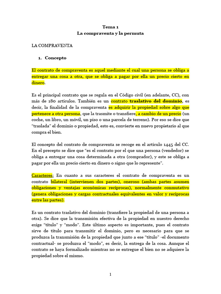Tema 1 La compraventa y la permuta | PDF