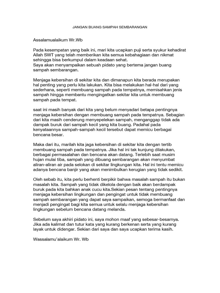 Jangan Buang Sampah Sembarangan Pidato | PDF Jangan Buang Sampah Sembarangan Pidato | PDF