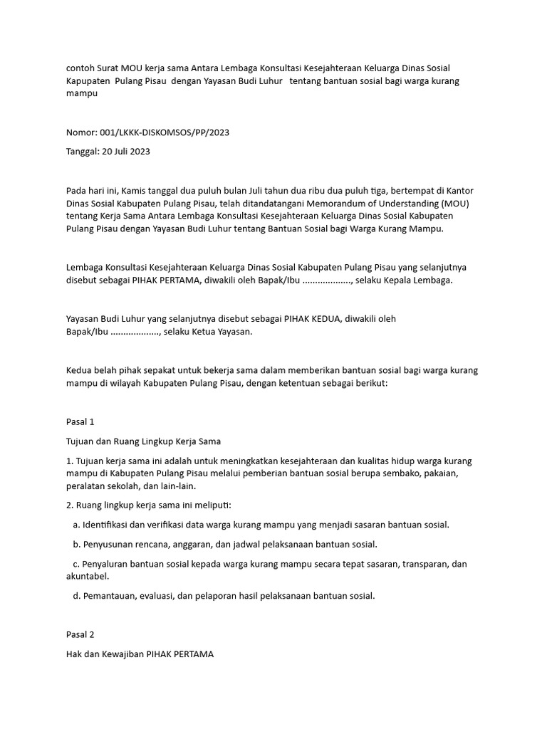 contoh Surat MOU kerja sama Antara Lembaga Konsultasi Kesejahteraan Keluarga Dinas Sosial ...