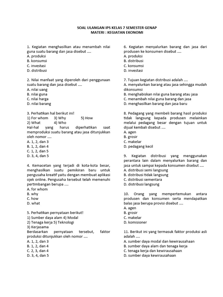 Soal Ips Kelas 7 Semester Genap Materi Kegiatan Ekonomi | PDF Soal Ips Kelas 7 Semester Genap Materi Kegiatan Ekonomi | PDF