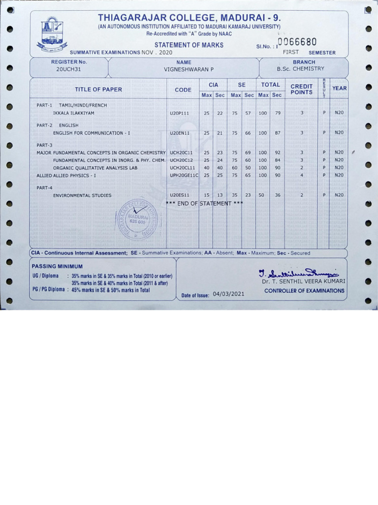 1st Semester Mark Sheet (1) | PDF