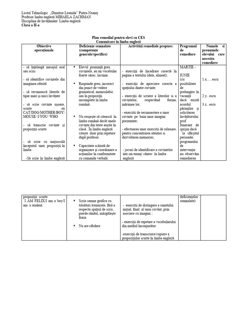 Plan Remedial Pentru Elevi Cu Ces | PDF