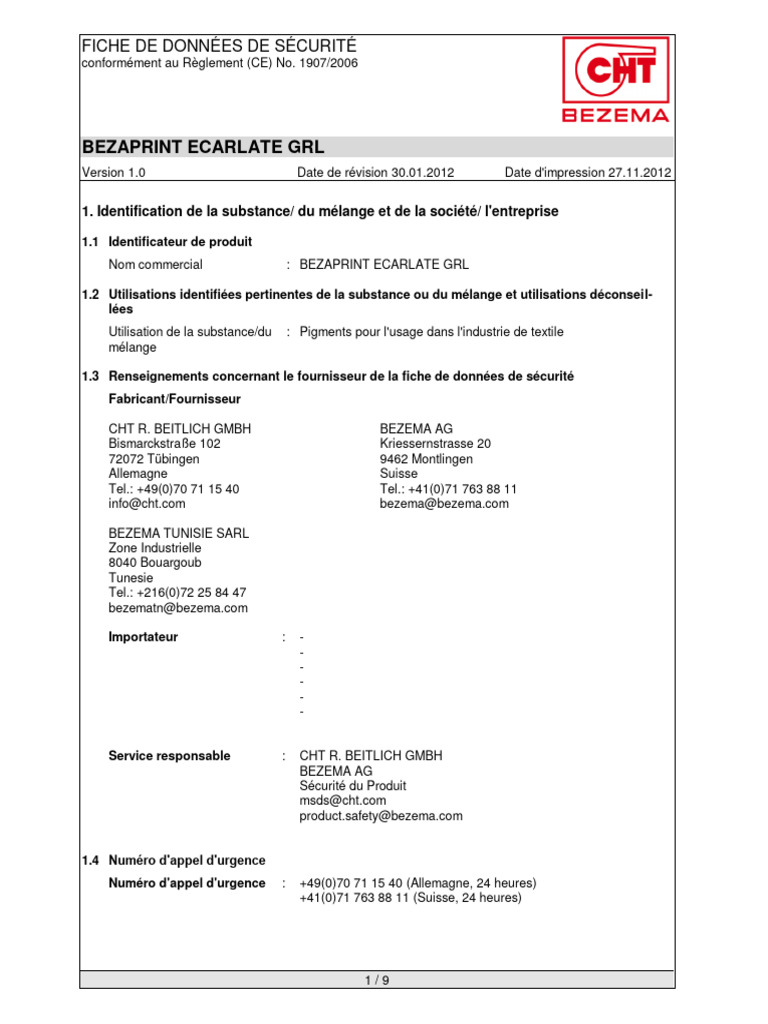 MSDS Bezaprint Ecarlate GRL | PDF