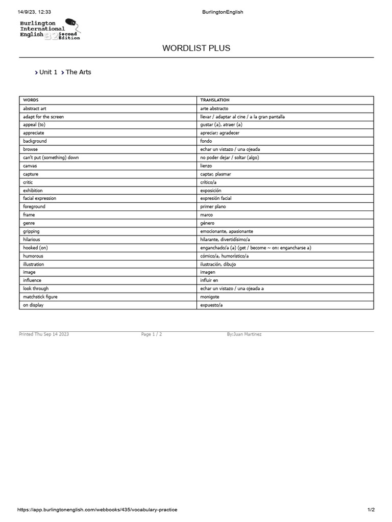 Unit 1 Arts - Vocabulary List | PDF