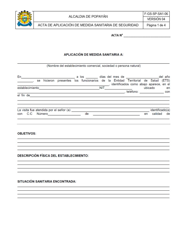 Acta de Aplicación de Medida Sanitaria de Seguridad | PDF