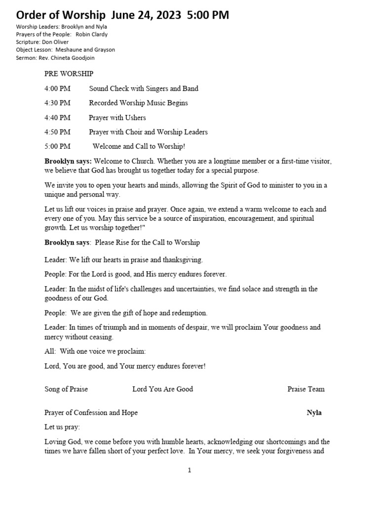 Worship Service Agenda - June 24, 2023 | PDF