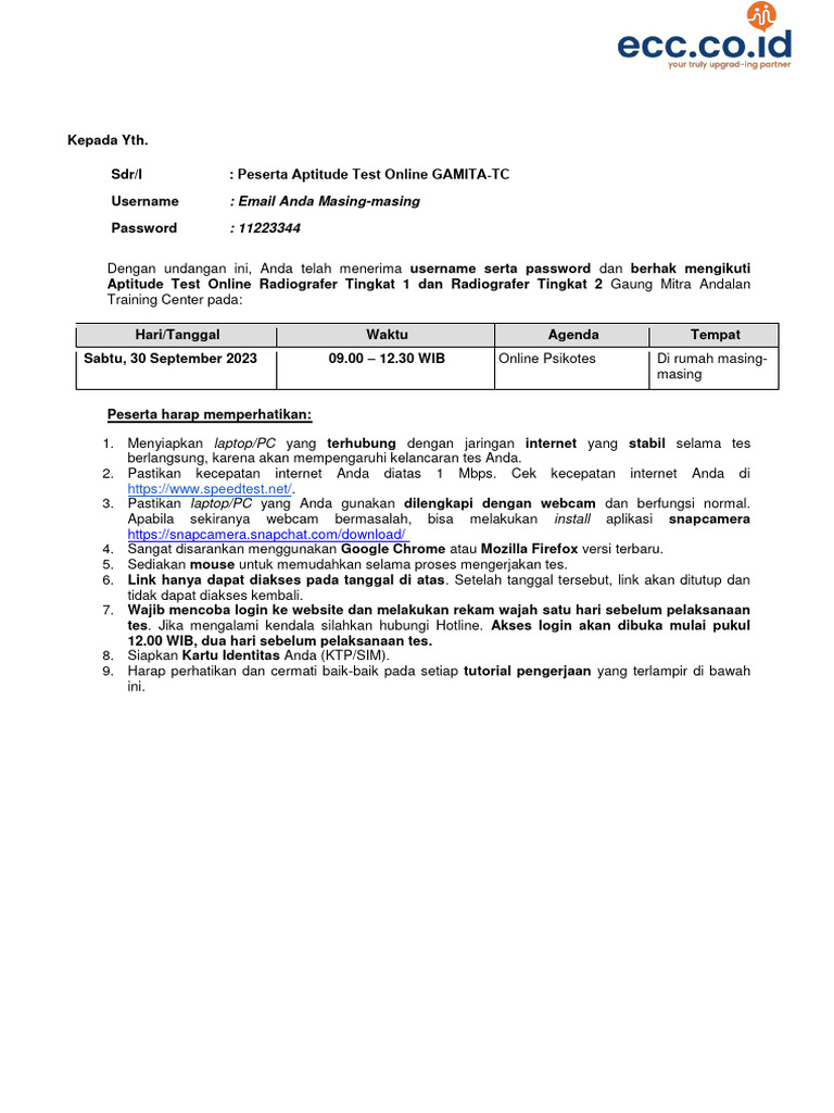 Undangan Online Psikotes GAMITA - TC | PDF