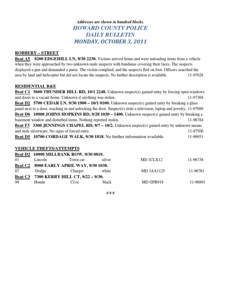 Police Daily Crime Bulletin 20111003 | PDF | Travel | Law