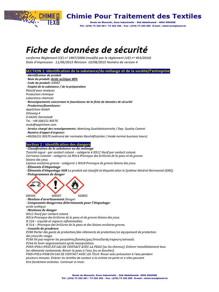 2 Acide Acétique MSDS2016 Base Applichem &&& | PDF