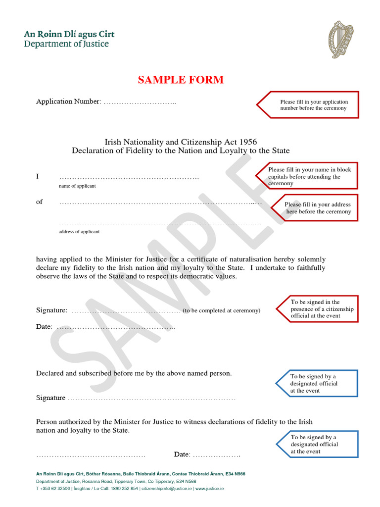 Sample Form: Irish Nationality and Citizenship Act 1956 Declaration of ...