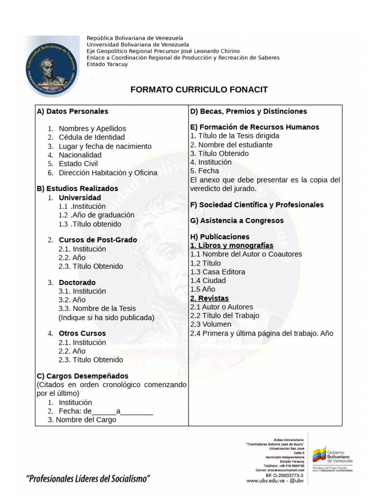 FORMATO CURRICULO FONACIT | PDF