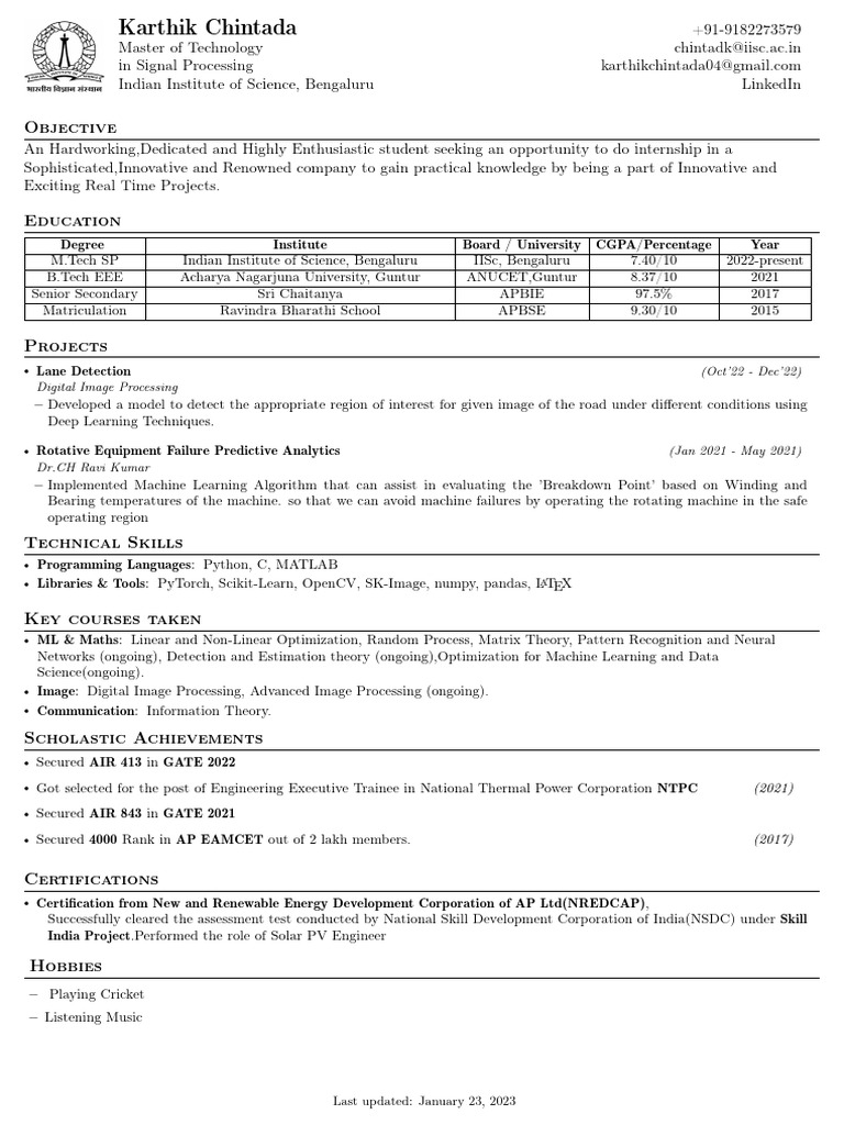 Karthik Chintada IISc-Resume | PDF | Machine Learning | Applied Mathematics