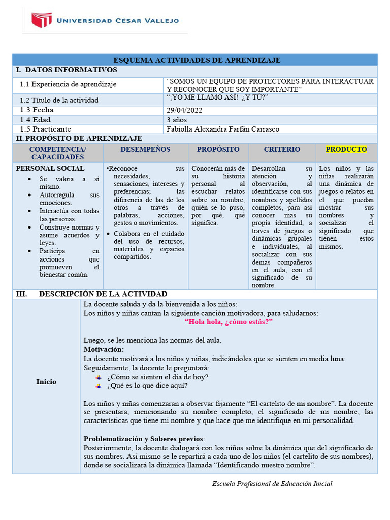 Actividad o Experiencia de Aprendizaje N°1 - Aplicarla, Aula Blanca de 3 Años | PDF
