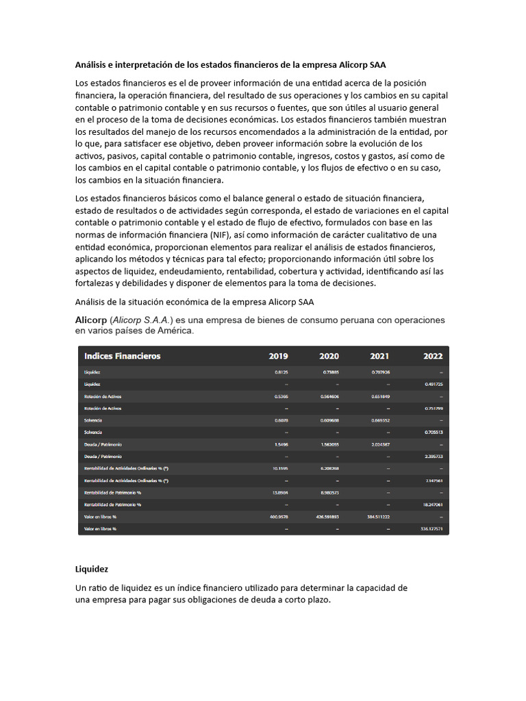 Análisis e Interpretación de Los Estados Financieros de La Empresa Alicorp SAA | PDF ...