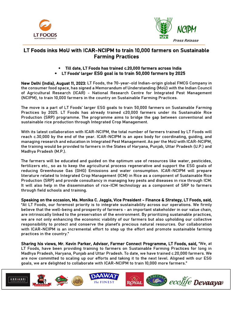 Press Release LT Foods Inks MoU With ICAR NCIPM To Train 10000 Farmers ...