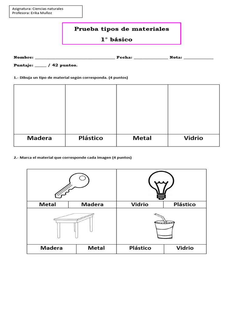 Prueba de Ciencias Los Materiales | PDF