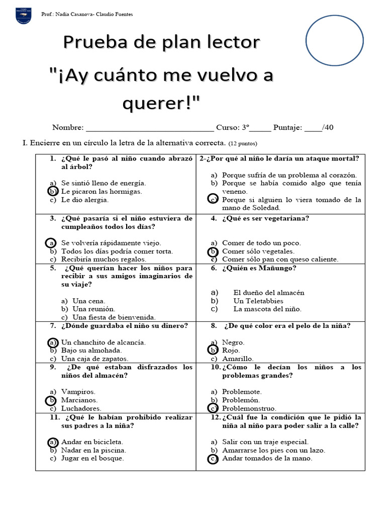 Plan Lector Respuestas Prueba 2 Ay Cuanto Me Vuelvo A Querer Eukaris | PDF