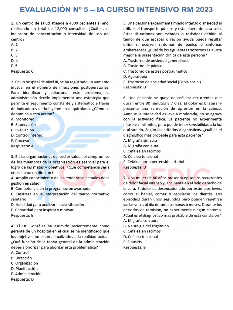 Evaluación #5 - Ia Curso Intensivo RM 2023 - Con Claves | PDF | El embarazo | Trastorno de ansiedad