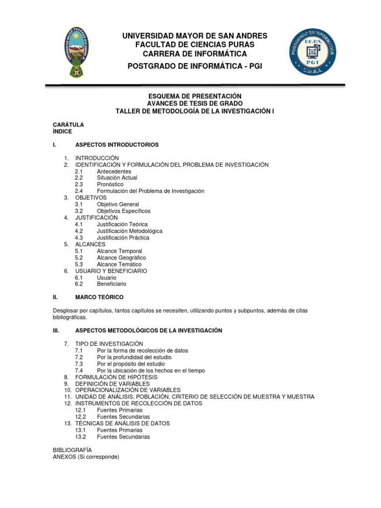 Esquema Perfil de Tesis de Grado MTDPT - PGI - UMSA | PDF