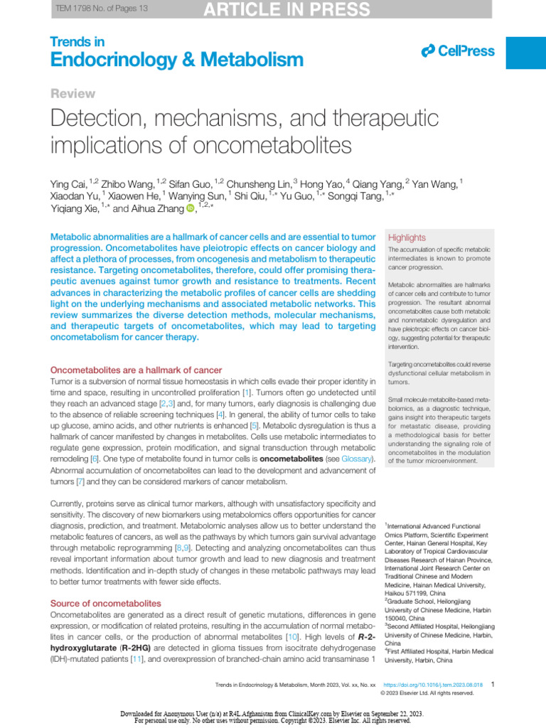 Detection, Mechanisms, and Therapeutic Implications of Oncometabolites ...