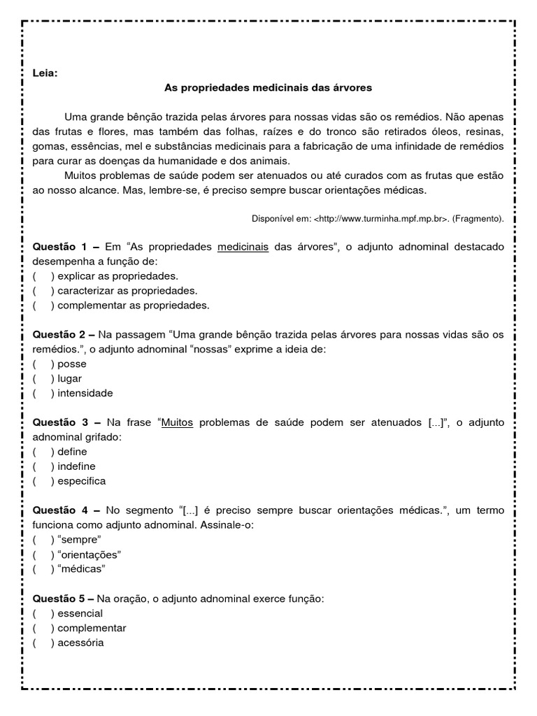 Atividade de Portugues Adjunto Adnominal 8º Ano Word | PDF