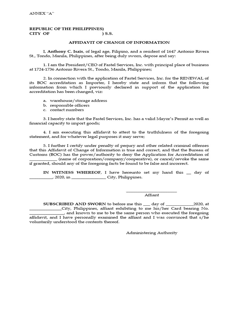 Affidavit of Change of Information | PDF