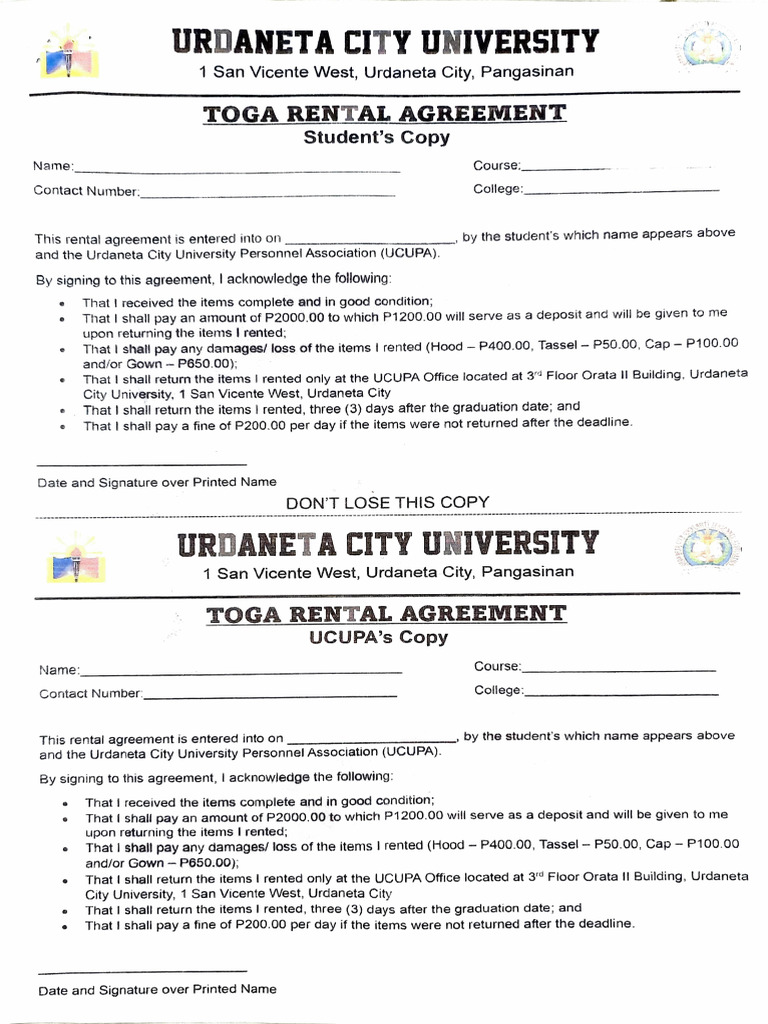 Urdaneta University Toga Rental Agreement | PDF