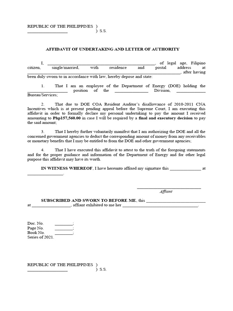 Affidavit of Undertaking Sample | PDF | Social Science | Law